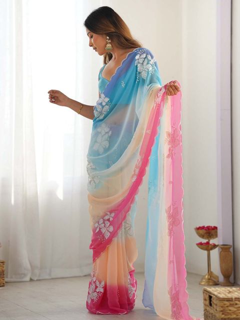 Buy ShreeNazaaraa Embroidered Bollywood Georgette Light Blue Sarees ...