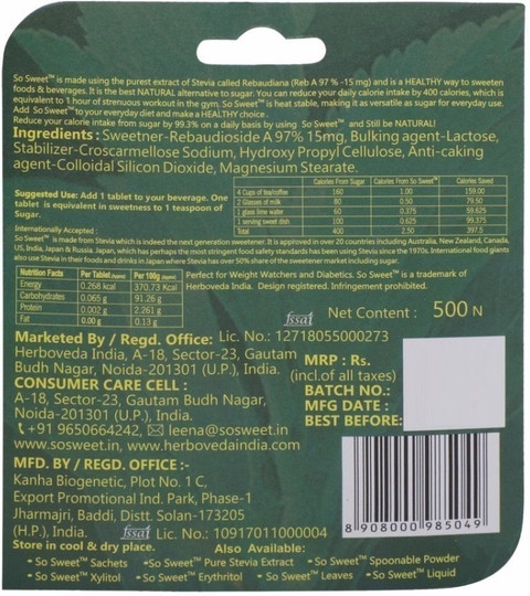 SO SWEET Stevia 500 Tablet Diabetic Friendly 100% Natural Sugar-Free ...