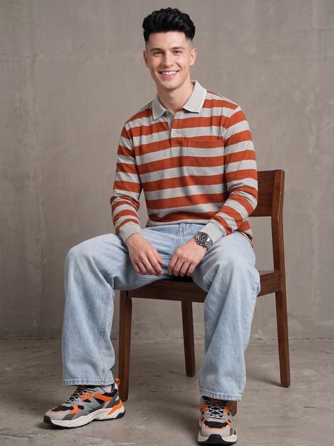 METRONAUT Striped Men Polo Neck Brown T-Shirt - Buy METRONAUT Striped ...