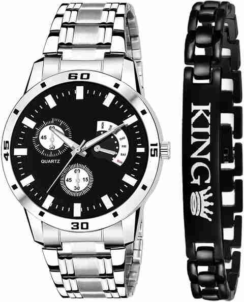 Domesca Steel watch & brecelet Silver Metal Strap & Black King Bracelet ...