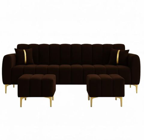 FURNY 3 Seater Modular L Shape Sofa Set with 2 Ottoman | Soft Velvet ...