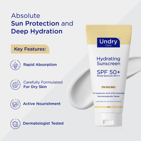 Undry Sunscreen - SPF 50+ PA+++ Hydrating Sunscreen for Dry Skin (50g ...