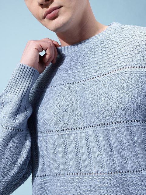 Glitchez Geometric Print Round Neck Casual Men Blue Sweater - Buy ...