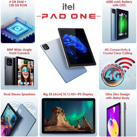 itel Pad One 4 GB RAM 128 GB ROM 10.1 inch with 4G Tablet (Light Blue ...