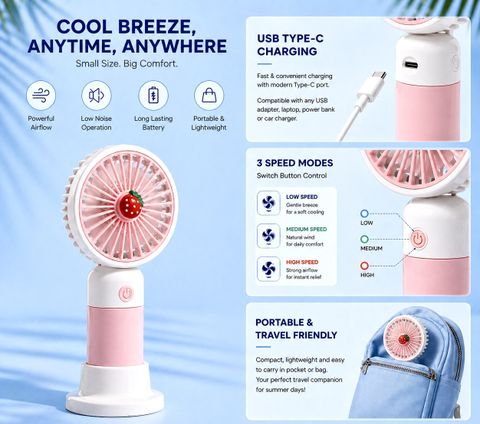 CmStoreHub Portable Mini Fan Rechargeable USB , 3 Speed , High Speed ...