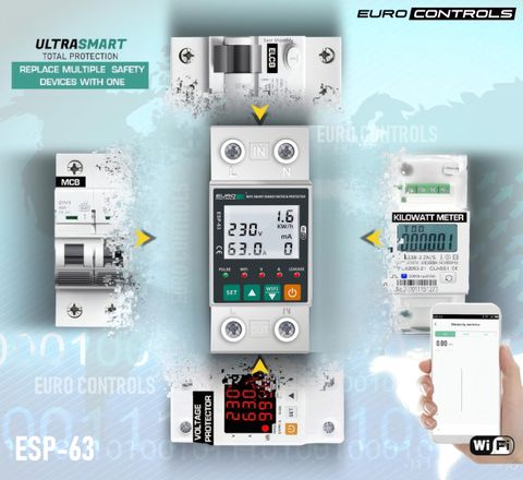 Euro Controls ESP-63 WiFi IOT 4 in 1 Voltage Current & Earth Leakage ...