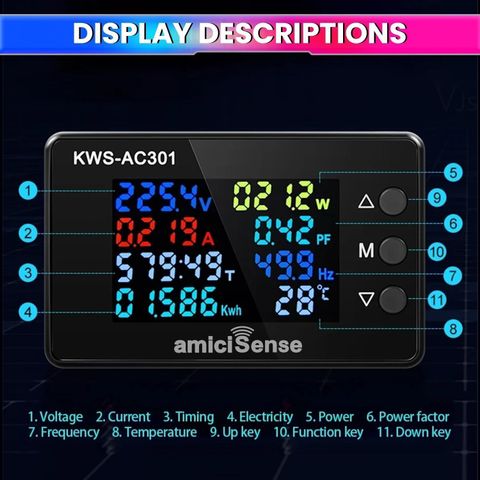 amiciSense 8 in 1 Digital Energy Meter, 50~300VAC 100A Power Monitoring ...