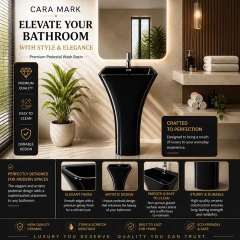 CARA MARK |All-Black Glossy Ceramic Integrated Pedestal Wash Basin ...