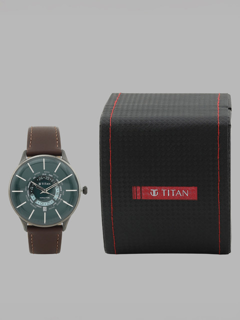 Titan Titan World Time with Date Green Dial Brown LeatherStrap Analog ...