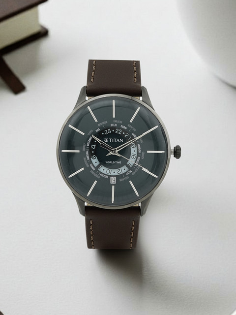 Titan Titan World Time with Date Green Dial Brown LeatherStrap Analog ...