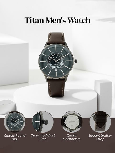 Titan Titan World Time with Date Green Dial Brown LeatherStrap Analog ...