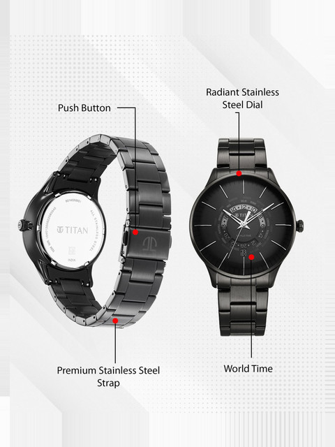 Titan Titan World Time With Date Black Dial Black Stainless Steel Strap ...