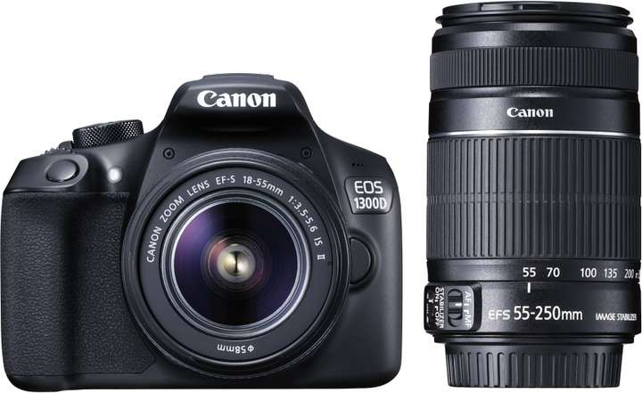 Canon EOS 1300D DSLR Camera Body with Dual Lens EF S 18 55 mm IS II EF S 55 250 mm F4 5.6 IS II 16 GB SD Card Camera Bag Price in India