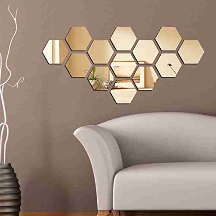 AtulyaArts 73 cm HEXAGON Golden Pack of 13 3D Mirror 3D Acrylic Wall sticker 3D Acrylic stickers for wall 3D Acrylic Mirror stickers for living room bedroom kids room 3D Acrylic mural