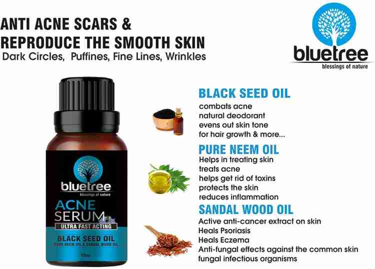 BLUETREE ACNE SERUM pimple clearing white and black heads removal skin lightening with pure black seed oil sandalwood oil 15 ml Price in India Buy BLUETREE ACNE SERUM pimple clearing white and black