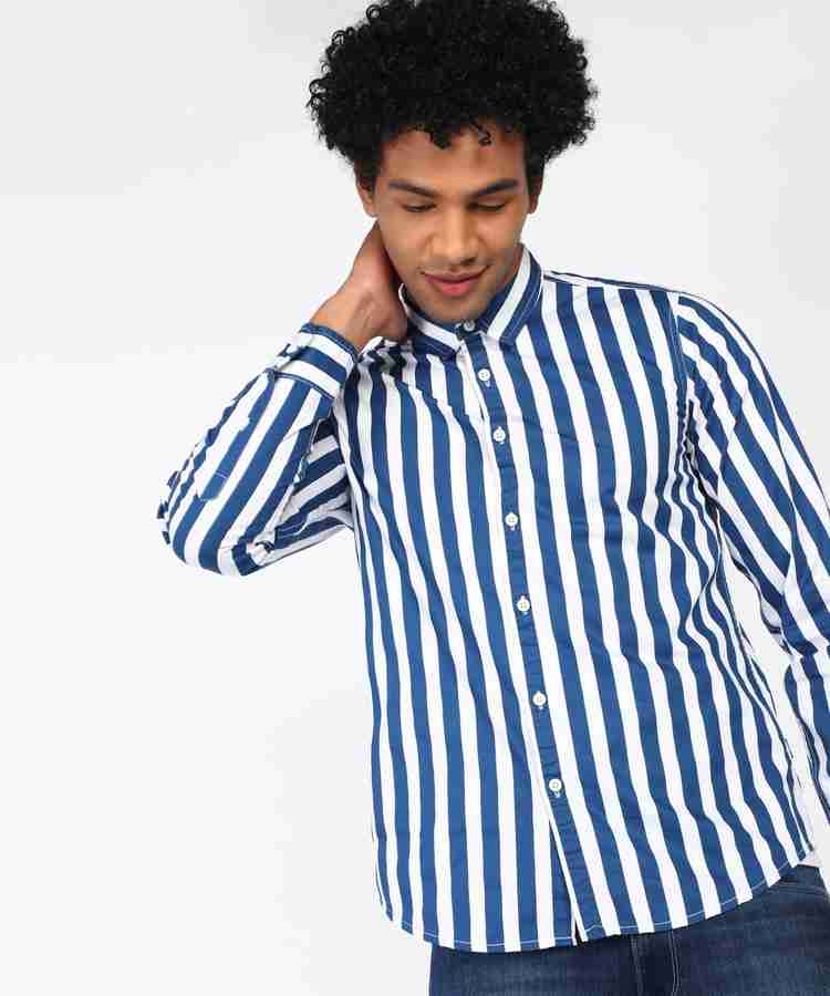 White and blue striped shirt mens store