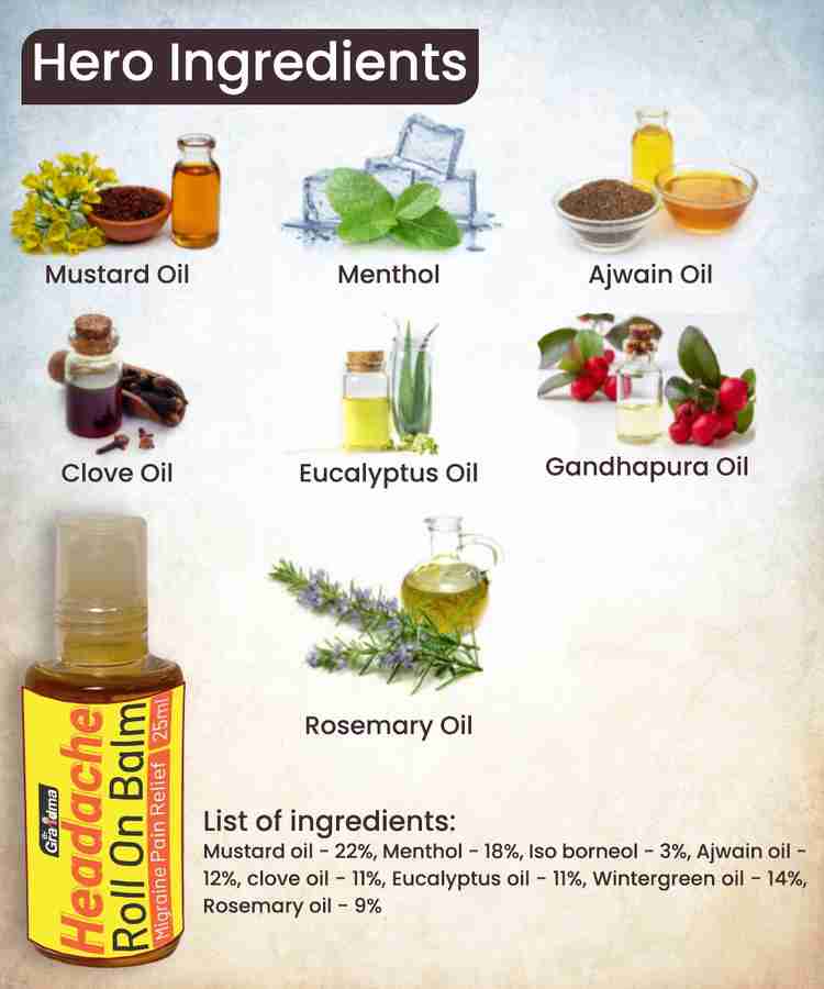 By Grandma Headache Roll On Balm for Migraine Pain Relief 100ml A blend of 8 herbal essential oils Sinusitis Relief Massage Oil Pack of 4 Balm