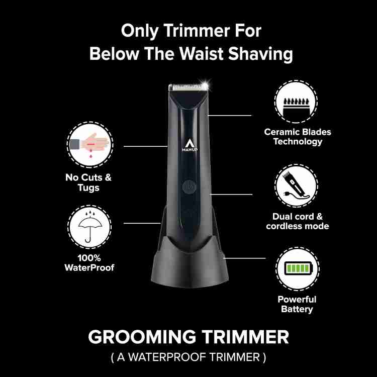 Man Up Waterproof Trimmer for Men Cordless LED Display USB Rechargeable Balls Trimmer Fully Waterproof Trimmer 90 min Runtime 4 Length Settings