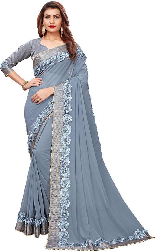 Buy Amrutam Fab Embellished, Applique Bollywood Georgette Grey Sarees ...