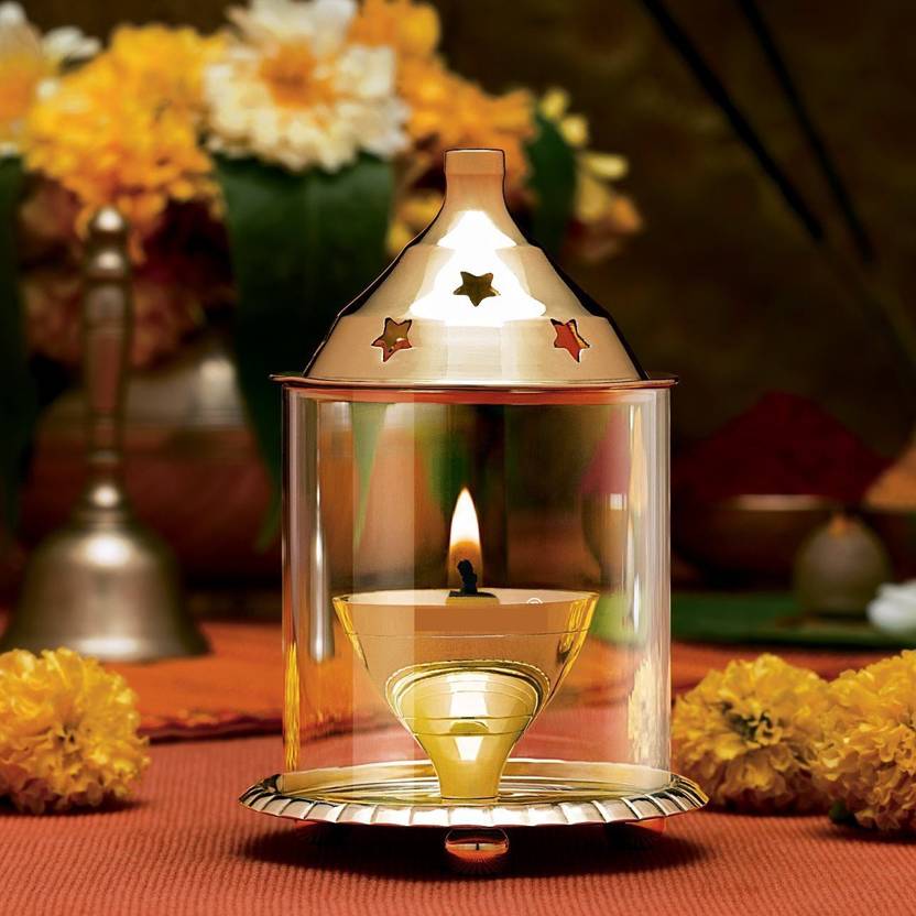 SHRI ANAND Akhand Diya with Glass Cover Brass Diya for Puja Room Brass ...