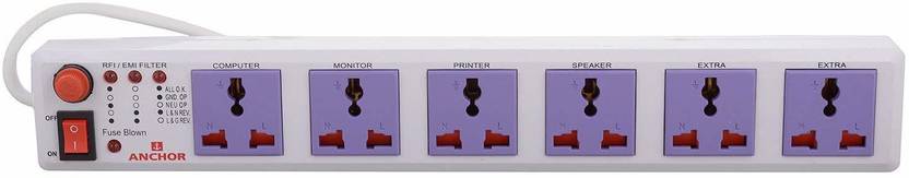 ANCHOR Power Strip 6 Way with Single Switch 6 Socket Extension Boards ...