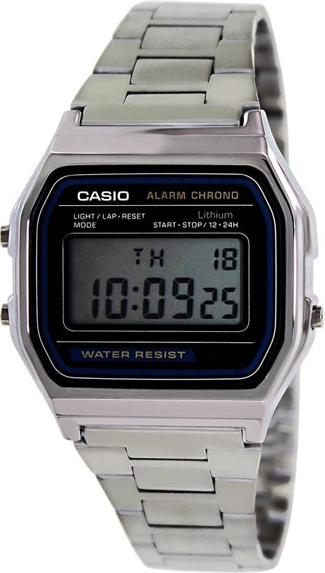 CASIO A-158WA-1DF Vintage A158WA-1DF Black Dial Silver Stainless Steel ...
