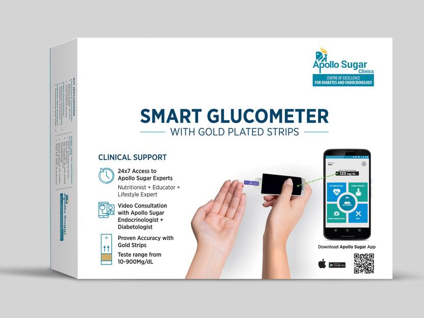 APOLLO SUGAR SMART GLUCOMETER WITH 200 GOLD PLATED STRIPS Glucometer ...