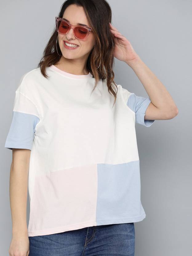 HERE&NOW Colorblock Women Round Neck White T-Shirt - Buy HERE&NOW ...