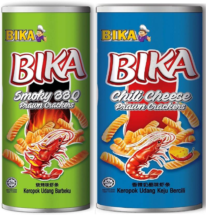BIKA Smoky BBQ Prawn Cracker + Chili Cheese Prawn Crackers, 2 x 100 ...