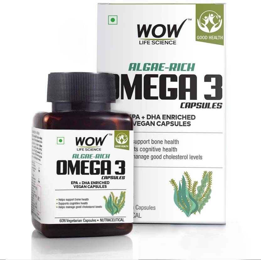 WOW Life Science Algae-Rich Omega 3 Capsules EPA + DHA Enriched Vegan ...