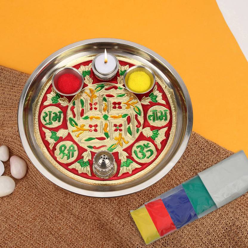 TIED RIBBONS Pooja Thali with Rangoli Color Stainless Steel Price in ...