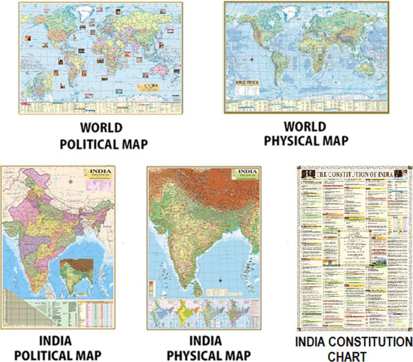 (PACK OF 5) INDIA, WORLD MAP [POLITICAL and PHYSICAL] and INDIA ...