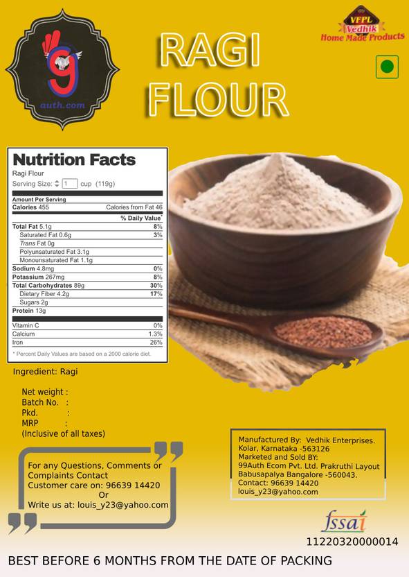 99Auth Premium Pure Ragi Flour/Finger Millet Original No Adulteration ...