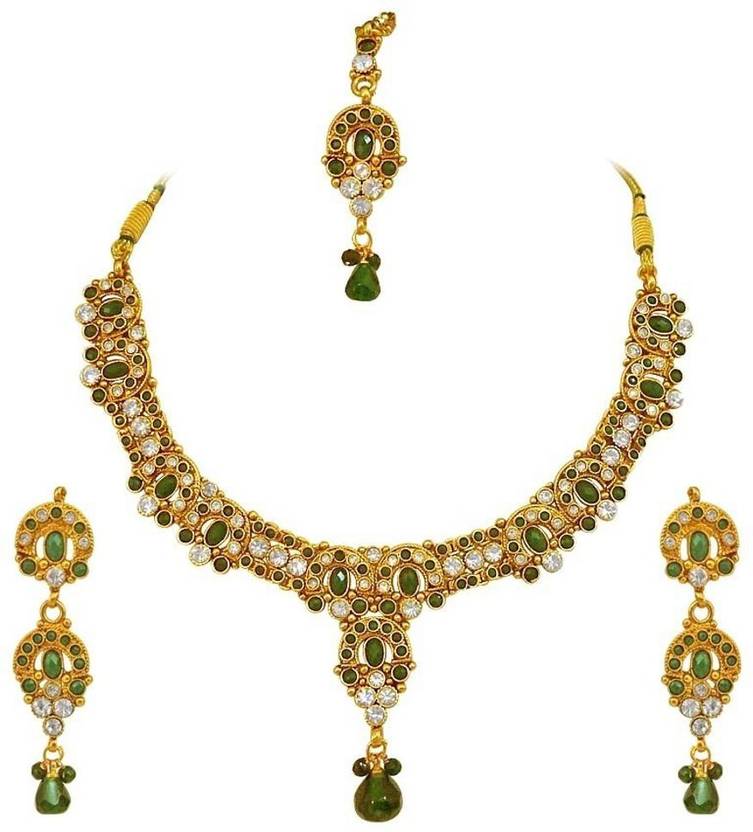 Surat Diamond Metal Gold-plated Green, Gold Jewellery Set Price in ...