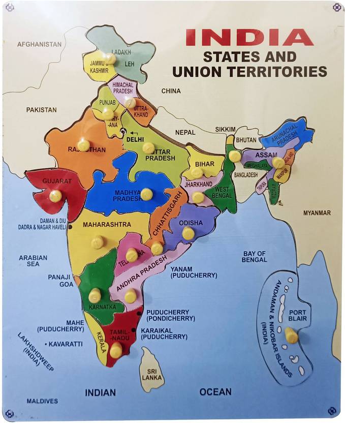 Saunidh Wooden Indian Map Puzzles Bharat ka naksha with 19 Knobs ...