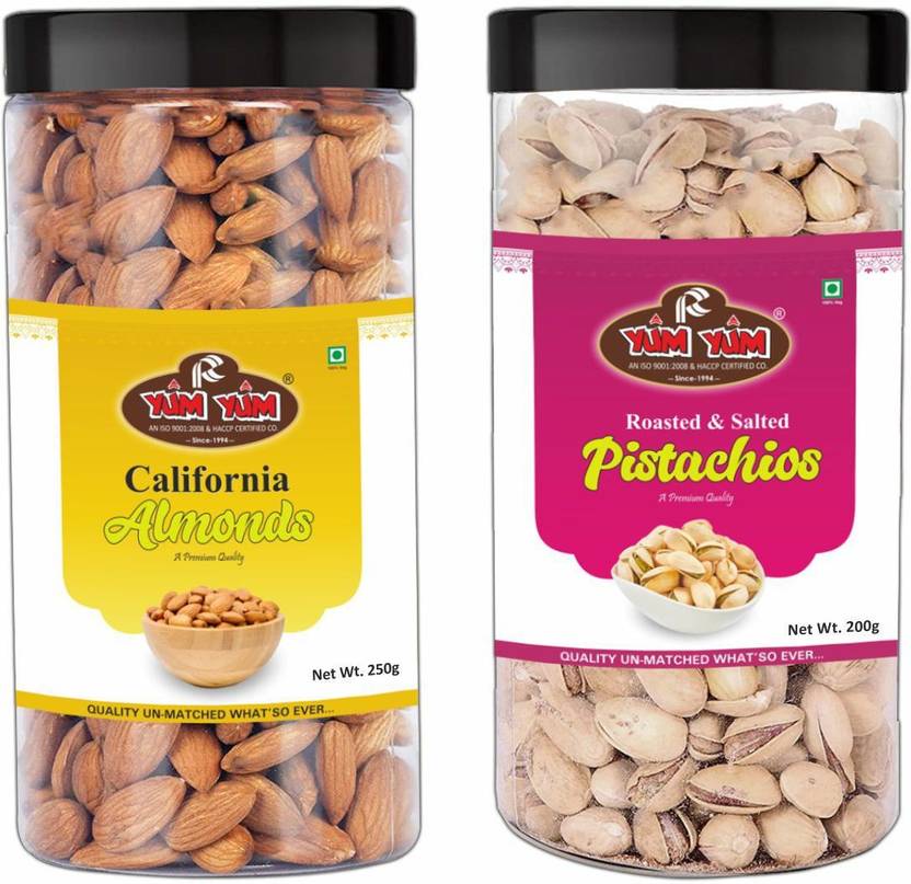 YUM YUM Premium California Almond (250g) and Pista (250g) 500g Dry Fruits Combo Pack- Almonds ...