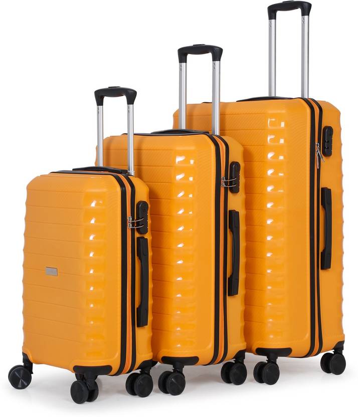 Teakwood Leathers Set of 3 Orange Textured Hard-Sided Trolley Suitcase ...
