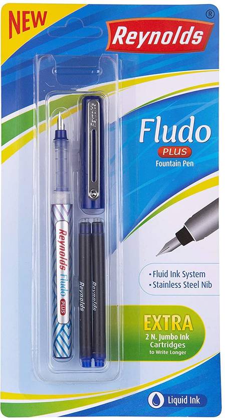 Reynolds FLUDO PLUS FOUNTAIN PEN+2 JUMBO INK CARTRIDGES PACK OF 8 ...