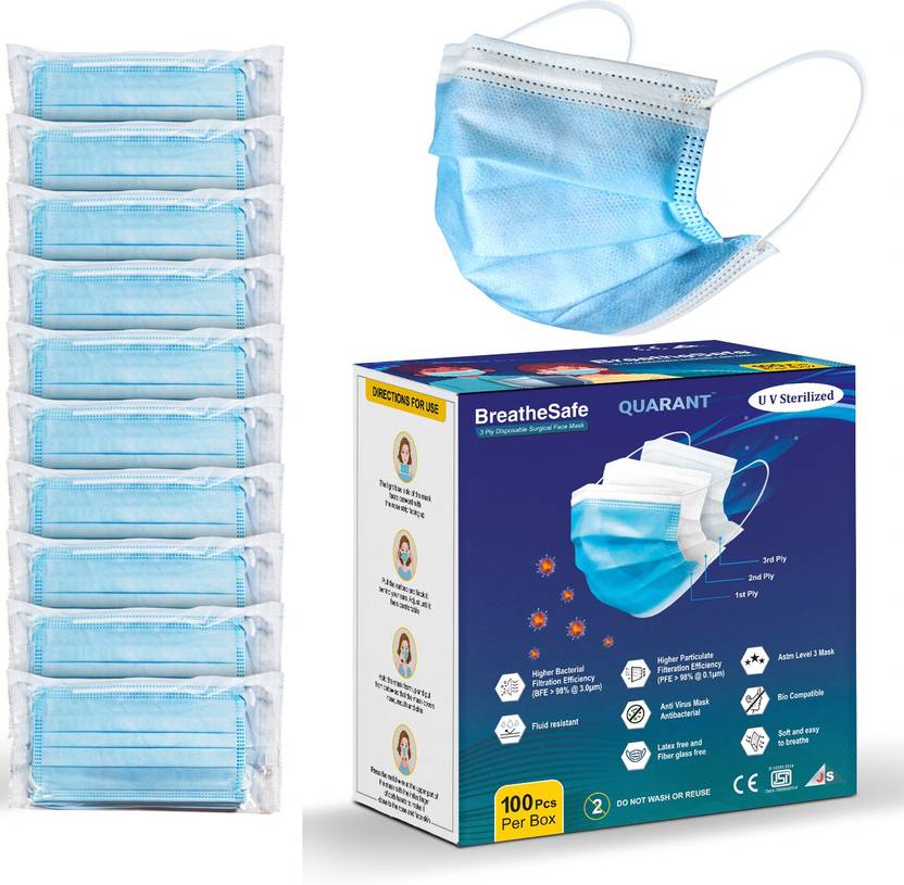 QUARANT 3 Ply Disposable Surgical Face Mask with Nose Pin, UV ...