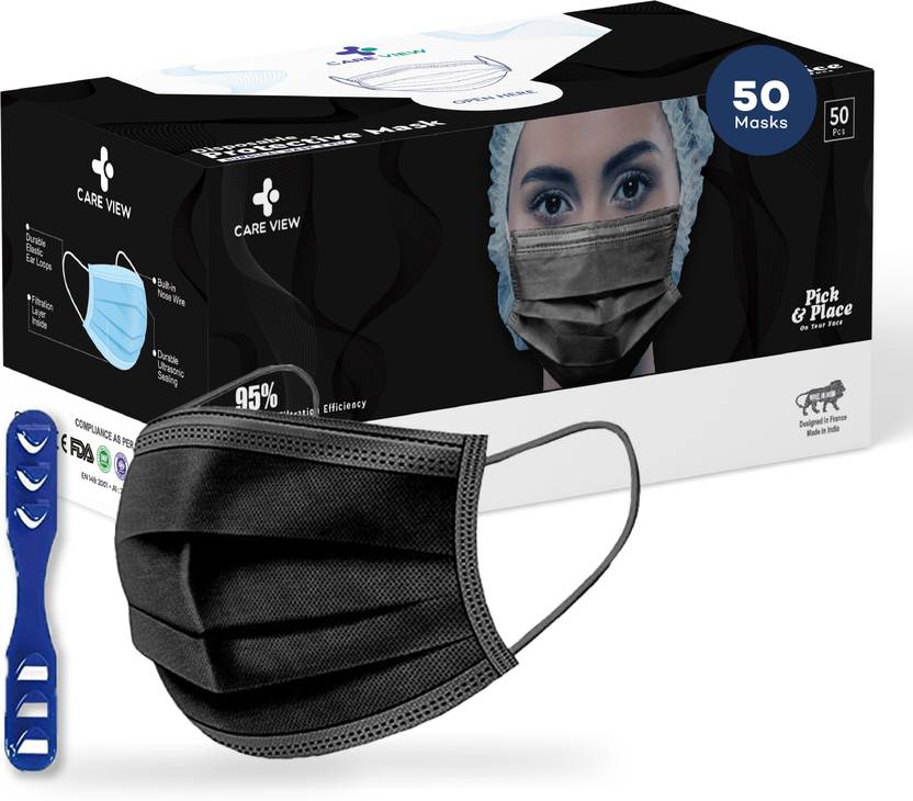 Care View 3 Ply Black coloured Disposable Face Mask Box (Pack of 50 ...