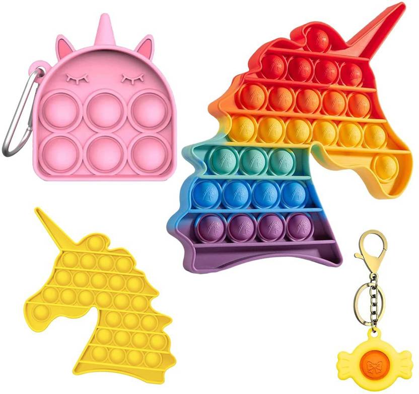 Party Propz Pop It Fidget Toy Keychain Unicorn - 4 Pack Rainbow Push ...