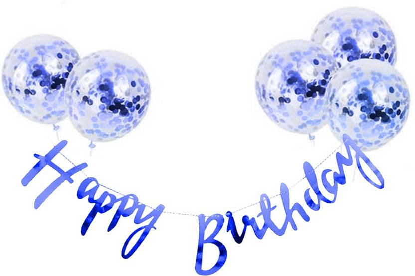 Rozi Decoration Happy Birthday Blue Cursive Banner with 5 Confetti ...