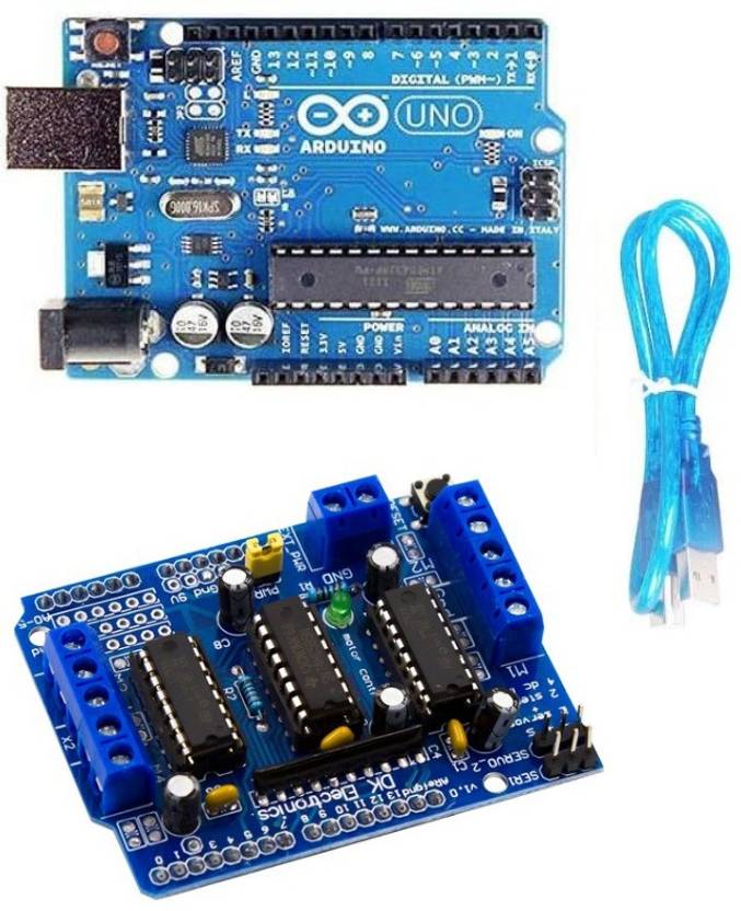 Vayuyaan Uno R3 ATmega328P with USB Cable length 1 feet and L293D Motor Driver/Stepper/Servo ...