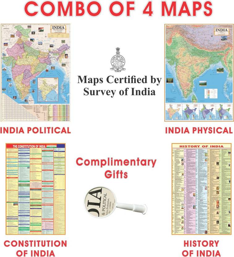 (COMBO OF 4 MAPS/CHARTS AND Magnifying Glass) INDIAN Constitution ...