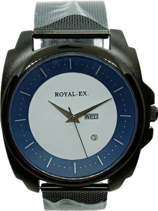 Royalex Men's Wrist Watch White & Blue Dial/Day & Date Display/Black ...
