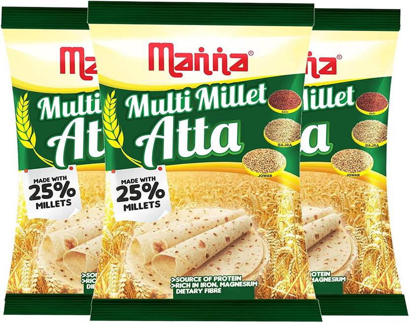 Manna Multi Millet Atta - 3kg (1kg x 3 Packs) - MultiGrain Atta with 25% Millets, Tasty and ...