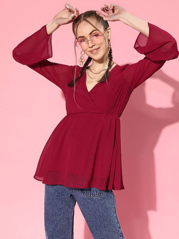 SASSAFRAS Casual Solid Women Maroon Top - Buy SASSAFRAS Casual Solid ...