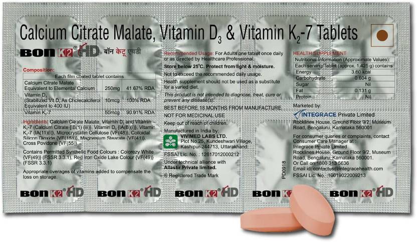 BON K2 HD with Advanced Calcium-10 Tablet|Vitamin D3 & Vitamin K2-7 ...