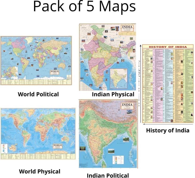 Pack of 5 ENGLISH (MAPS/CHARTS) -India & World Map (Political ...