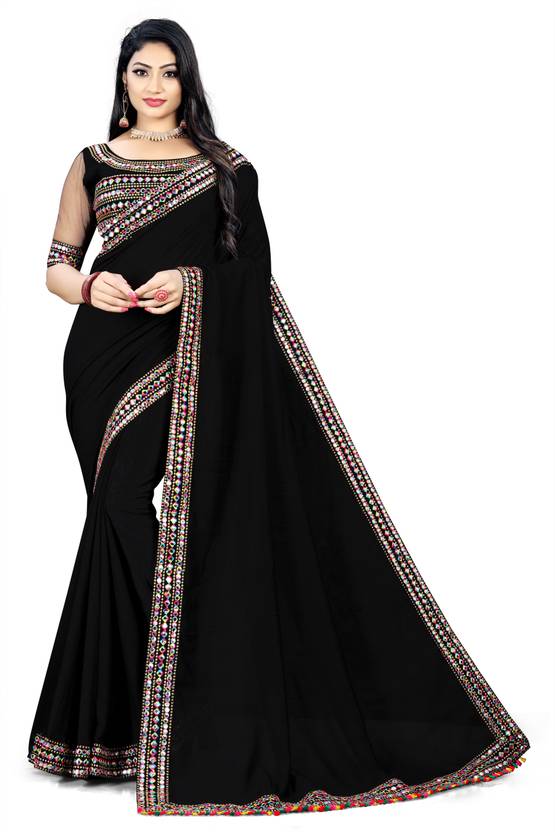 Buy PRIME UNITY Self Design, Embroidered Bollywood Satin Black Sarees ...